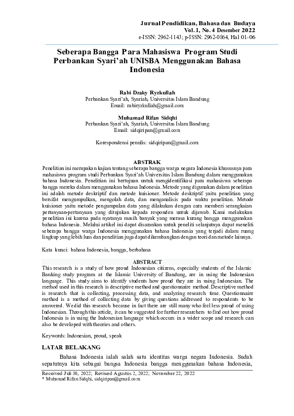 (PDF) Seberapa Bangga Para Mahasiswa Program Studi Perbankan Syari’ah UNISBA Menggunakan Bahasa ...