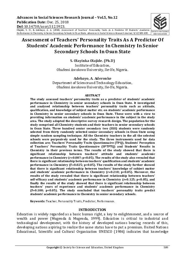 (PDF) Assessment Of Teachers’ Personality Traits As A Predictor Of Students’ Academic ...