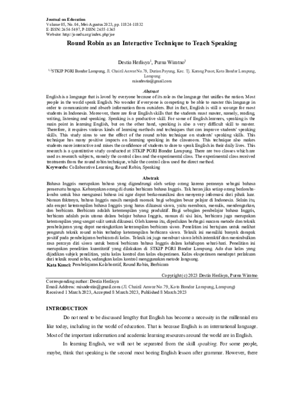 (PDF) Round Robin as an Interactive Technique to Teach Speaking