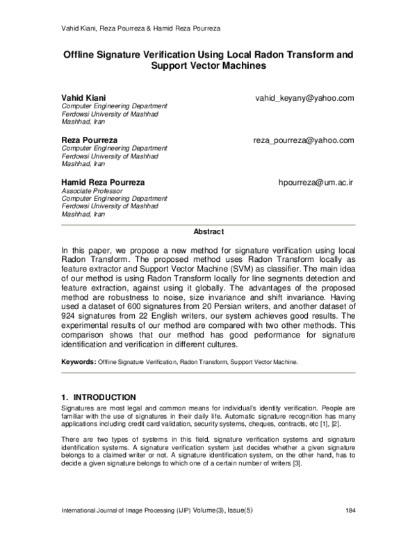 (PDF) Offline Signature Verification Using Local Radon Transform and Support Vector Machines ...