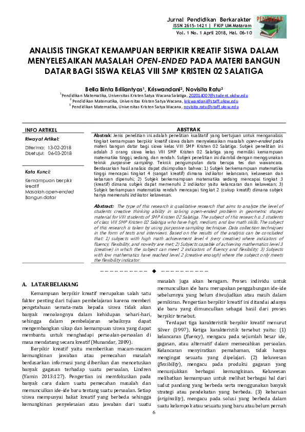 (PDF) Analisis Tingkat Kemampuan Berpikir Kreatif Siswa Dalam Menyelesaikan Masalah Open-Ended ...