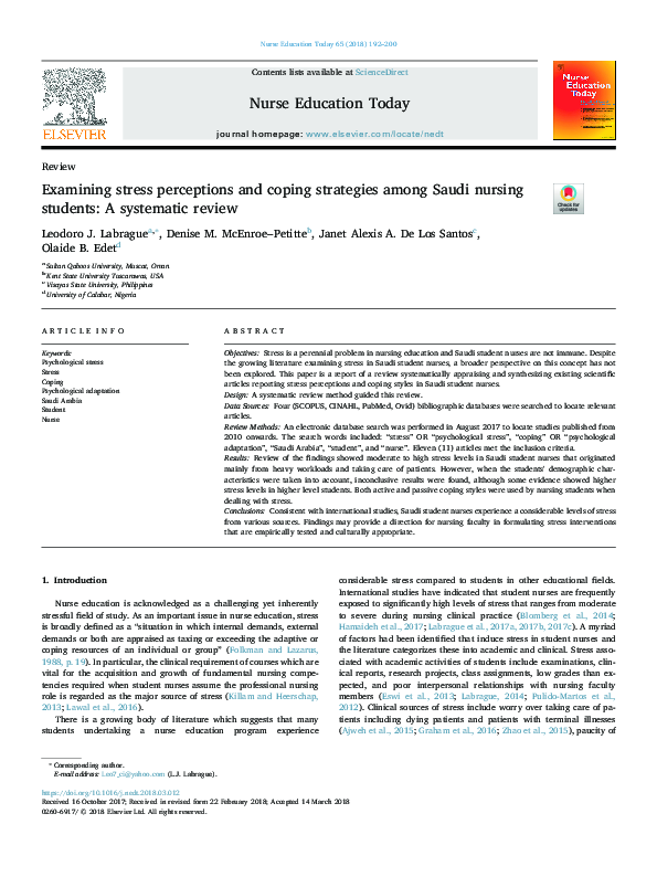 (PDF) Examining stress perceptions and coping strategies among Saudi nursing students: A ...