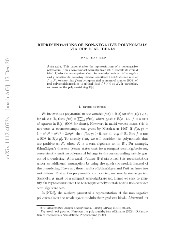 (PDF) Representations of non-negative polynomials via KKT ideals