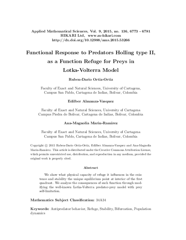 (PDF) Functional response to predators Holling type II, as a function refuge for preys in Lotka ...