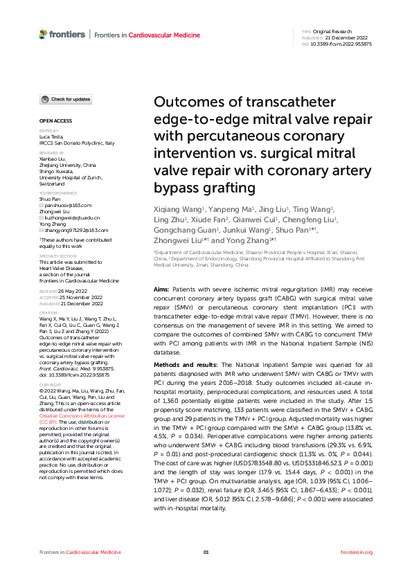 (PDF) Outcomes of transcatheter edge-to-edge mitral valve repair with percutaneous coronary ...