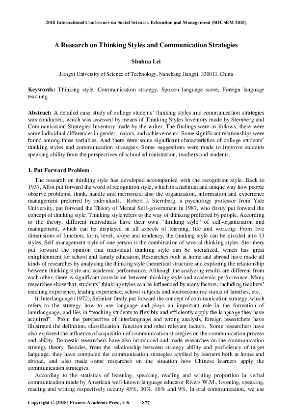 (PDF) A Research on Thinking Styles and Communication Strategies