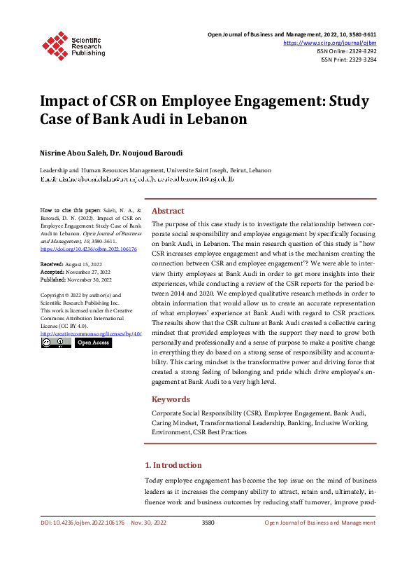 (PDF) Impact of CSR on Employee Engagement: Study Case of Bank Audi in ...
