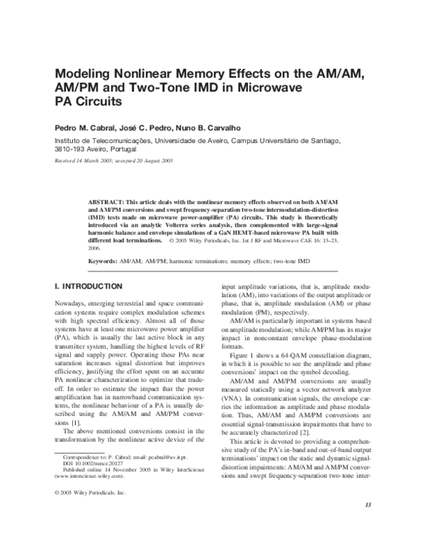 (PDF) Modeling nonlinear memory effects on the AM/AM, AM/PM and two-tone IMD in microwave PA ...