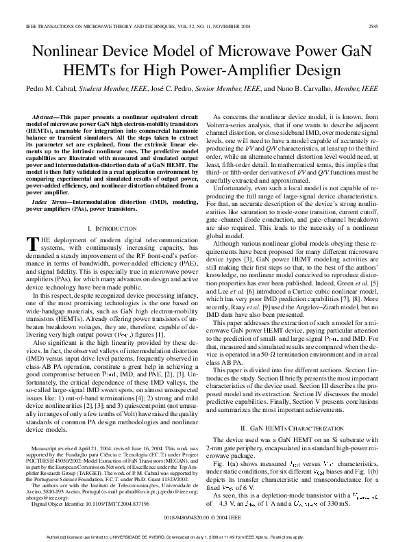 Pdf Nonlinear Device Model Of Microwave Power Gan Hemts For High Power Amplifier Design