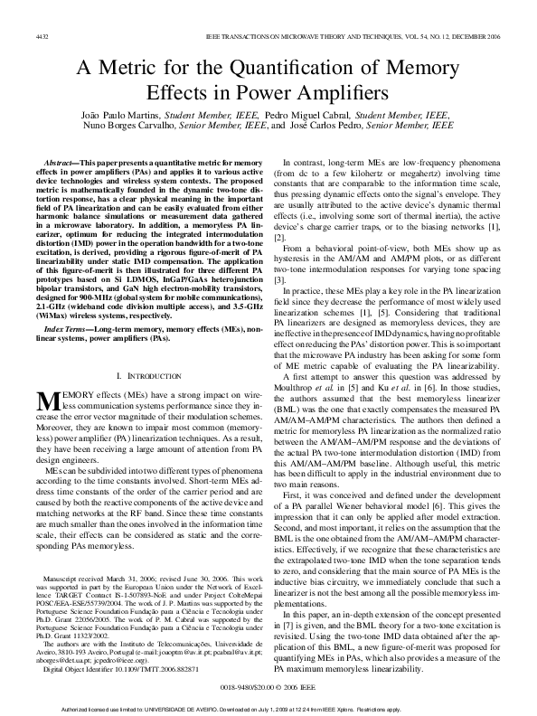 (PDF) A Metric for the Quantification of Memory Effects in Power Amplifiers