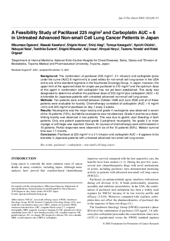 (PDF) A Feasibility Study of Paclitaxel 225 mg/m2 and Carboplatin AUC = 6 in Untreated Advanced ...