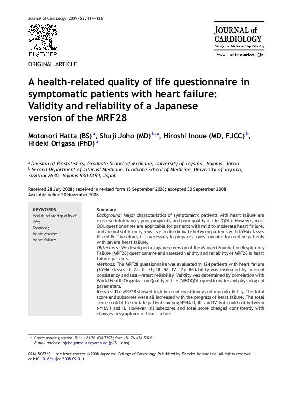 (PDF) A health-related quality of life questionnaire in symptomatic patients with heart failure ...