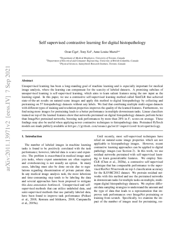 (PDF) Self supervised contrastive learning for digital histopathology