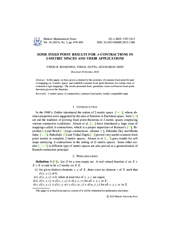 (PDF) Some Fixed Point Results for A-Contractions in 2-Metric Spaces and their Applications