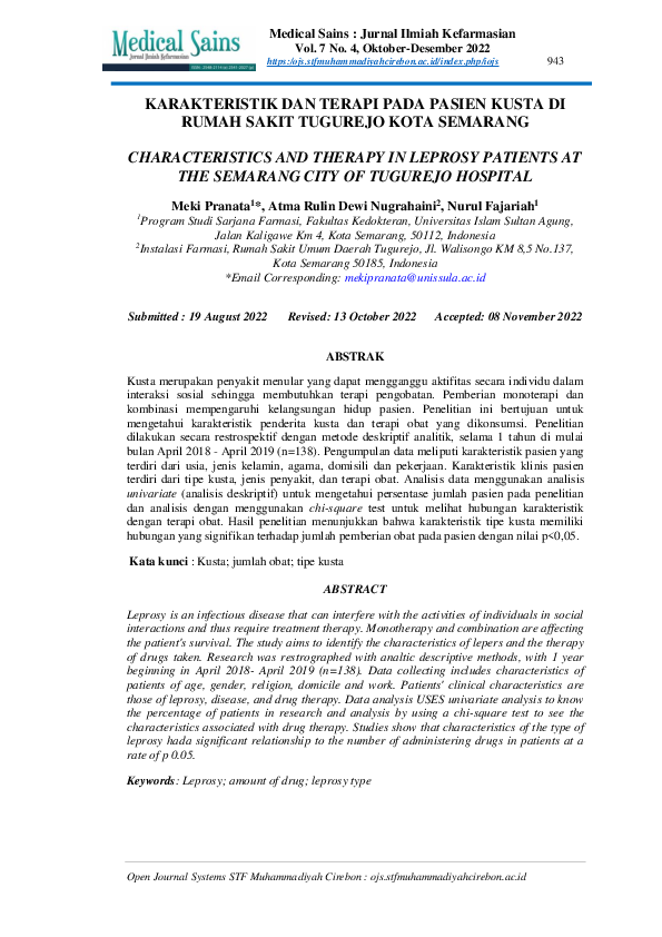 (PDF) Karakteristik Dan Terapi Pada Pasien Kusta DI Rumah Sakit Tugurejo Kota Semarang