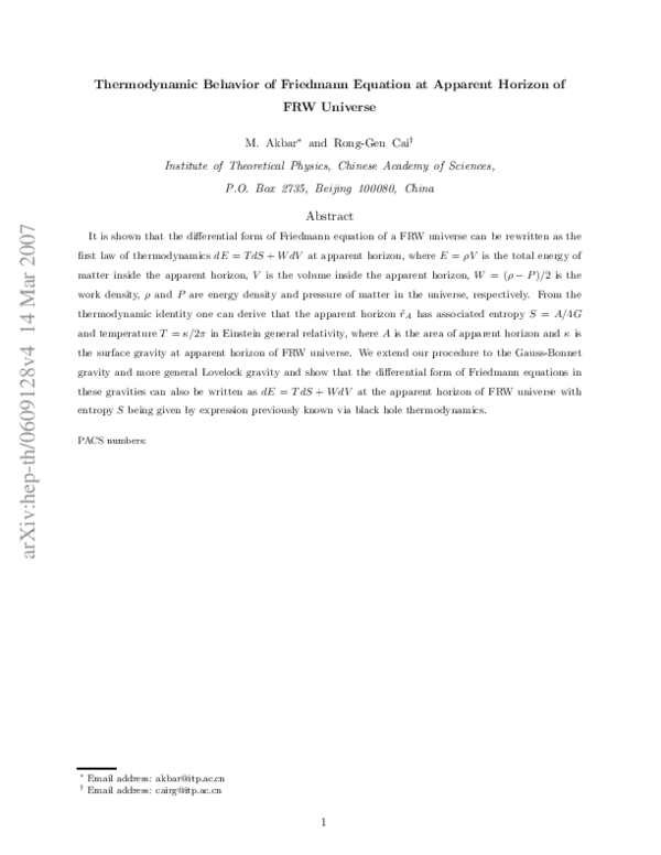 (PDF) Thermodynamic behavior of the Friedmann equation at the apparent ...