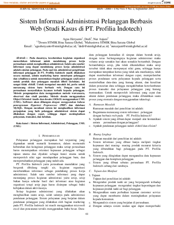 (PDF) Sistem Informasi Administrasi Pelanggan Berbasis Web (Studi Kasus di PT. Profilia Indotech)