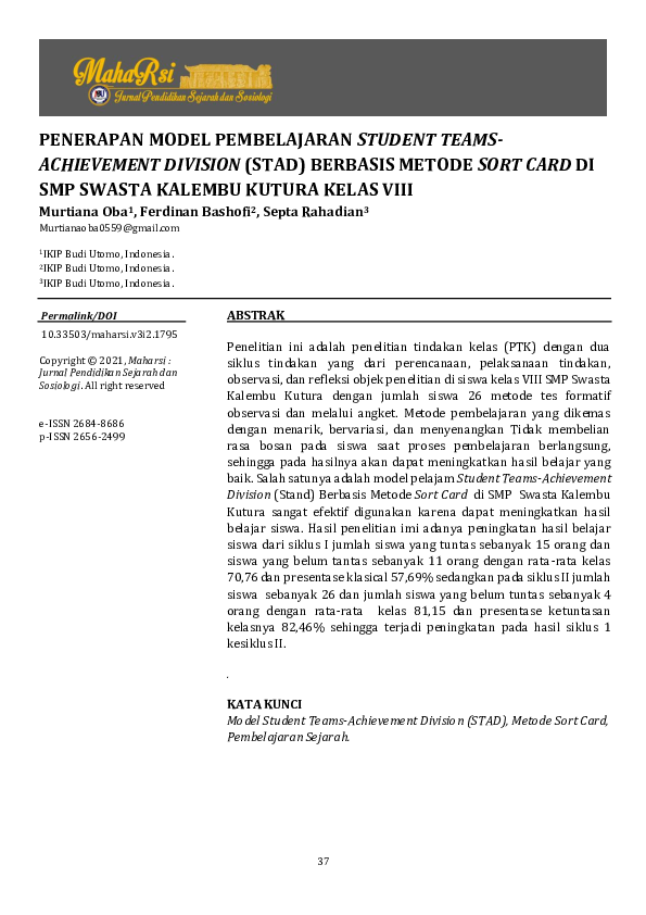 (PDF) Penerapan Model Pembelajaran Student Teams-Achievement Division (Stad) Berbasis Metode ...