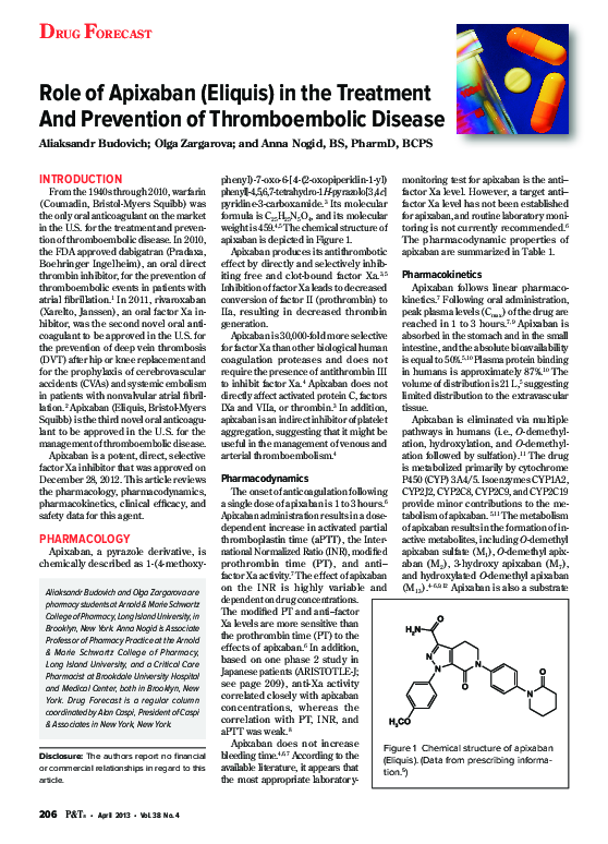 (PDF) Role of apixaban (eliquis) in the treatment and prevention of ...