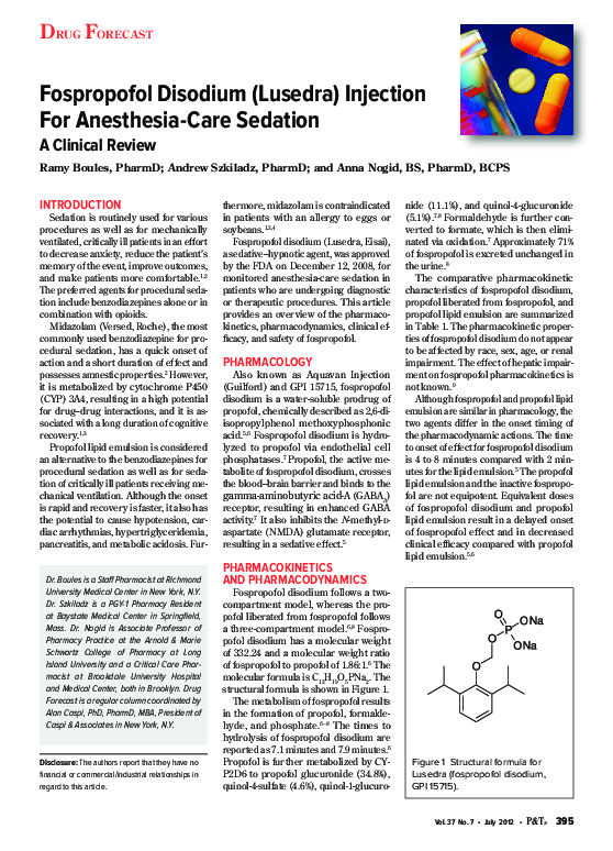 (PDF) Fospropofol disodium (lusedra) injection for anesthesia-care ...