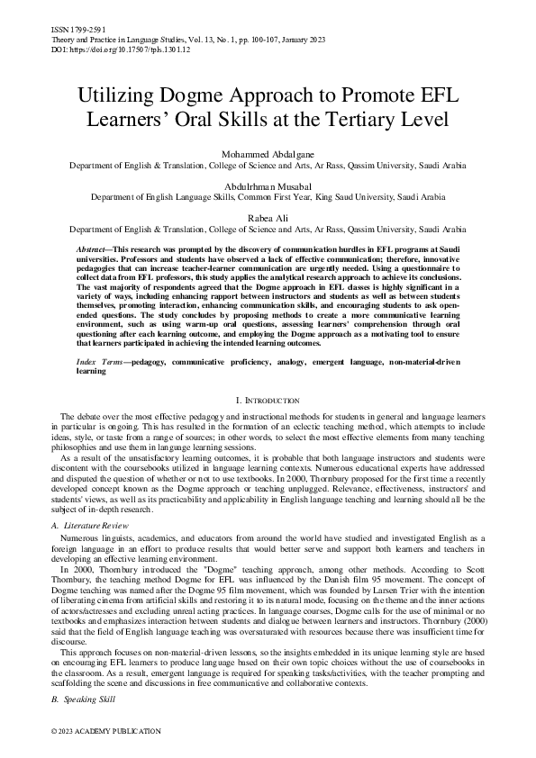 (PDF) Utilizing Dogme Approach to Promote EFL Learners’ Oral Skills at ...