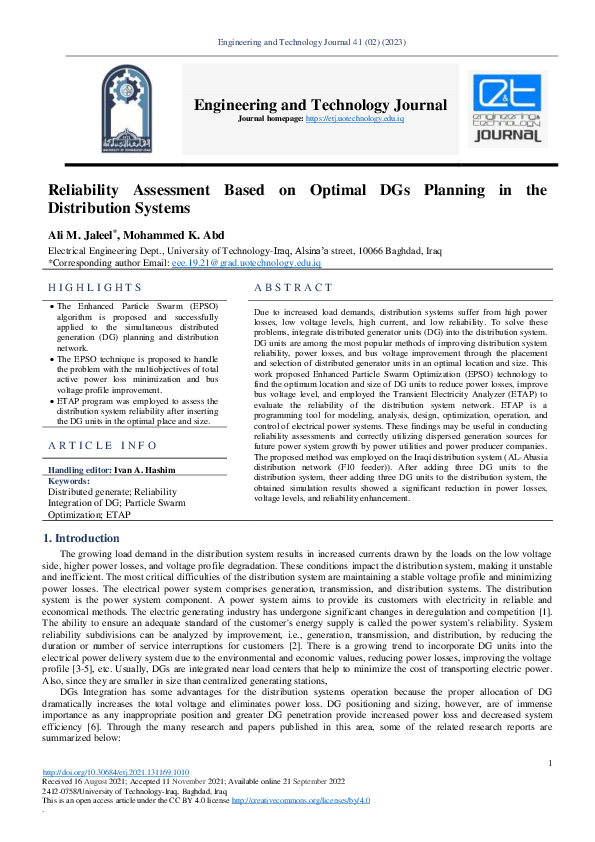 Pdf Reliability Assessment Based On Optimal Dgs Planning In The