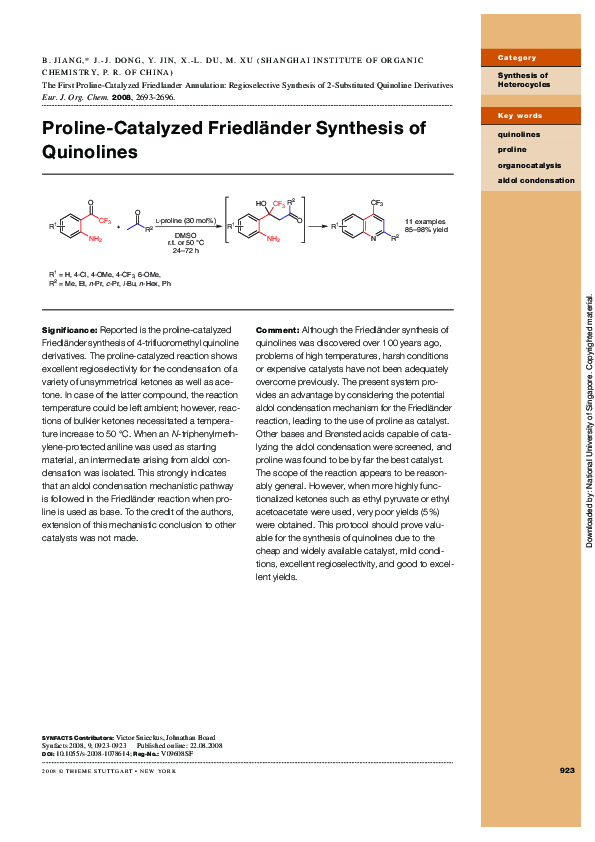 (PDF) Proline-Catalyzed Friedländer Synthesis of Quinolines