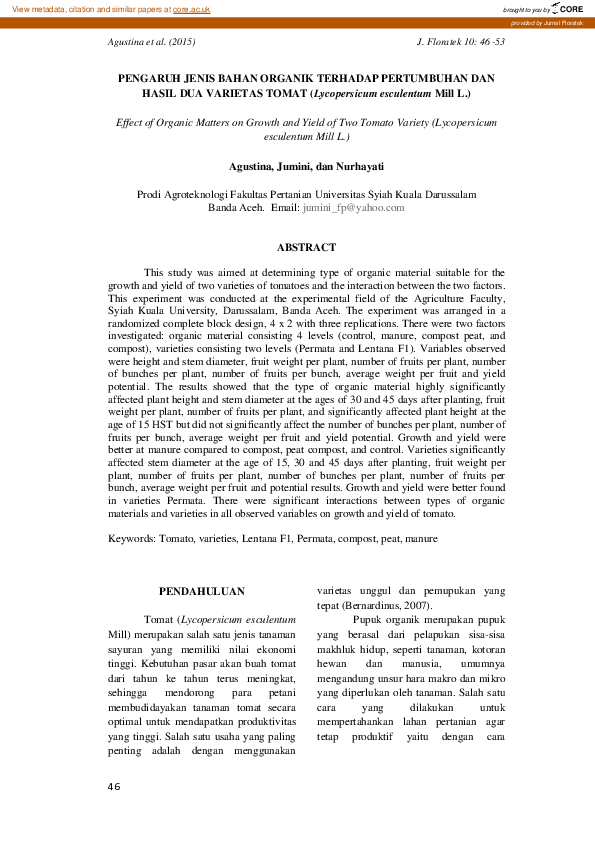 (PDF) PENGARUH JENIS BAHAN ORGANIK TERHADAP PERTUMBUHAN DAN HASIL DUA VARIETAS TOMAT ...