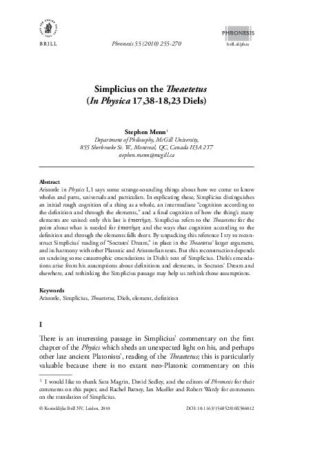 (PDF) Simplicius on the Theaetetus (In Physica 17,38-18,23 Diels)