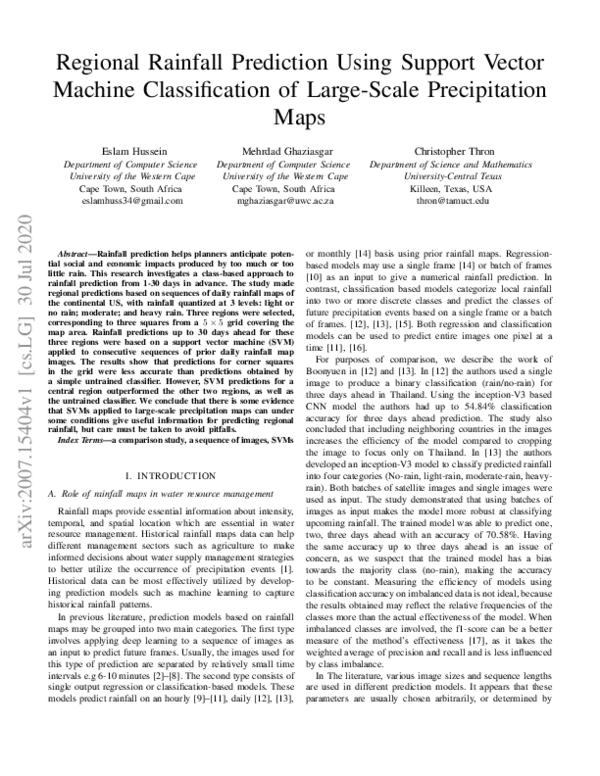 (PDF) Regional Rainfall Prediction Using Support Vector Machine Classification of Large-Scale ...