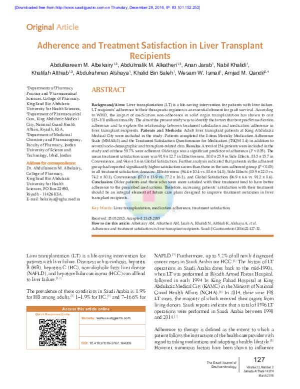 (PDF) Adherence and treatment satisfaction in liver transplant recipients