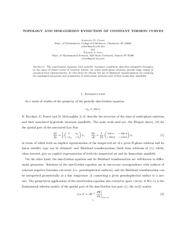 (PDF) Topology and sine-Gordon evolution of constant torsion curves ...