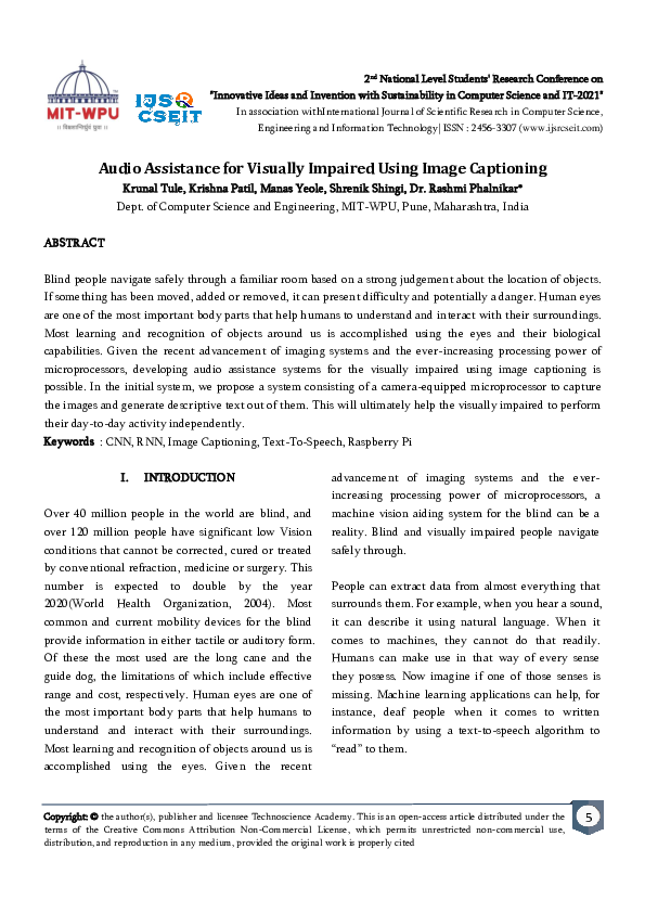 (PDF) Audio Assistance for Visually Impaired Using Image Captioning