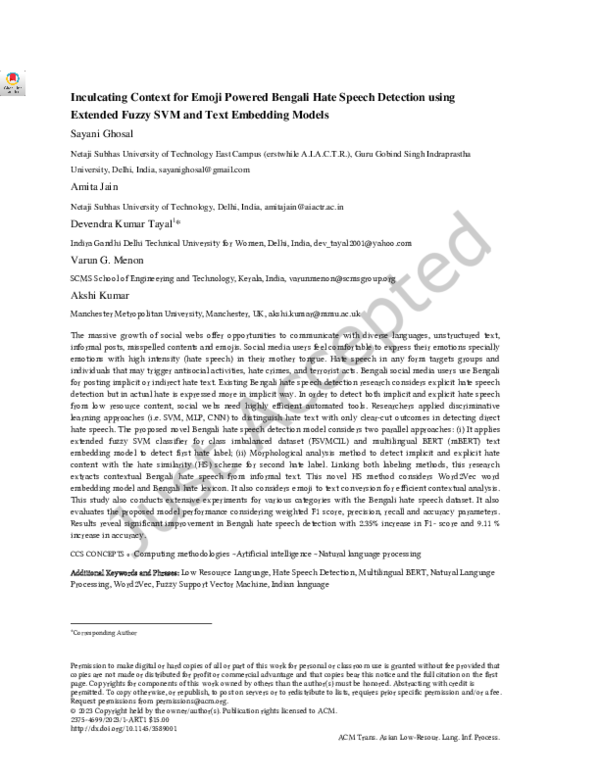 Pdf Inculcating Context For Emoji Powered Bengali Hate Speech Detection Using Extended Fuzzy