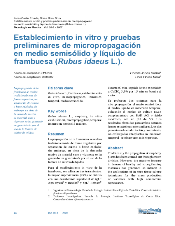 (PDF) Establecimiento in vitro y pruebas preliminares de ...