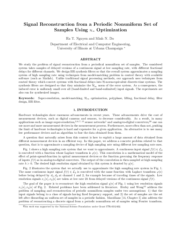 (PDF) Signal reconstruction from a periodic nonuniform set of samples using H (infinity ...
