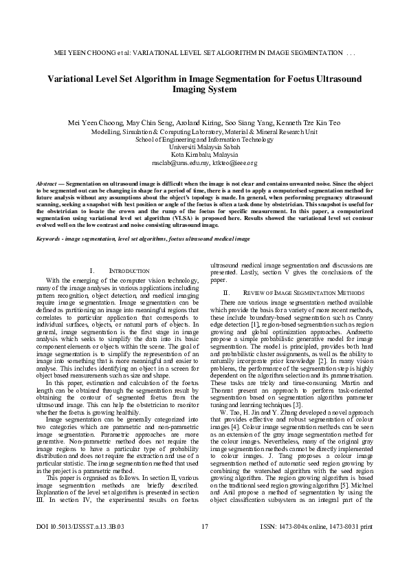 Pdf Variational Level Set Algorithm In Image Segmentation For Foetus Ultrasound Imaging System