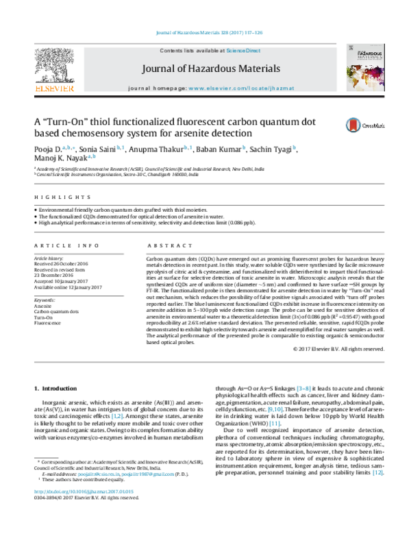 (PDF) A “Turn-On” thiol functionalized fluorescent carbon quantum dot ...