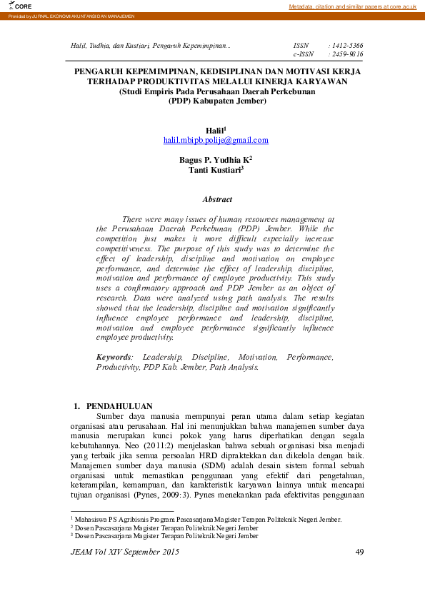 (PDF) PENGARUH KEPEMIMPINAN, KEDISIPLINAN DAN MOTIVASI KERJA TERHADAP PRODUKTIVITAS MELALUI ...