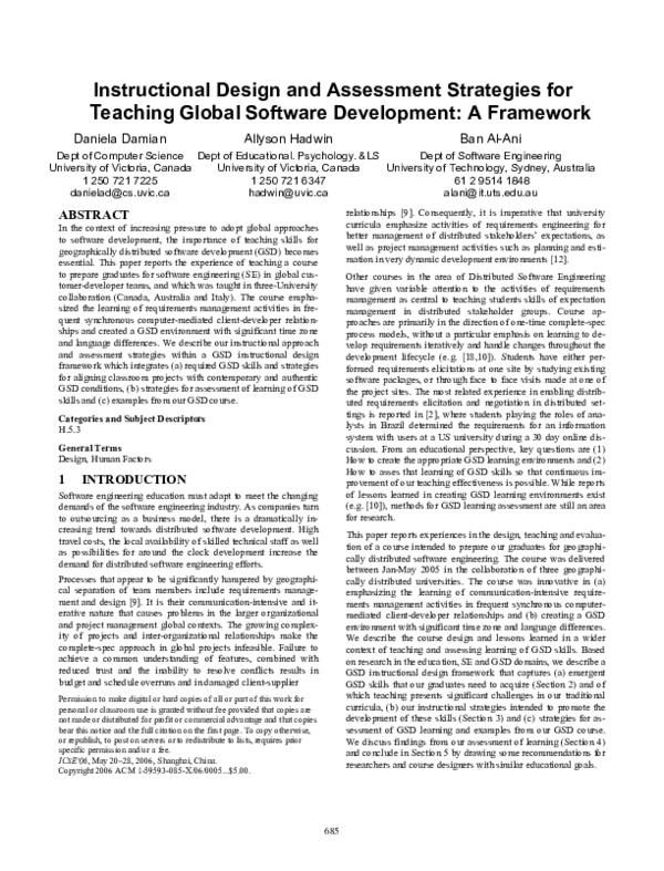 (PDF) Instructional design and assessment strategies for teaching global software development