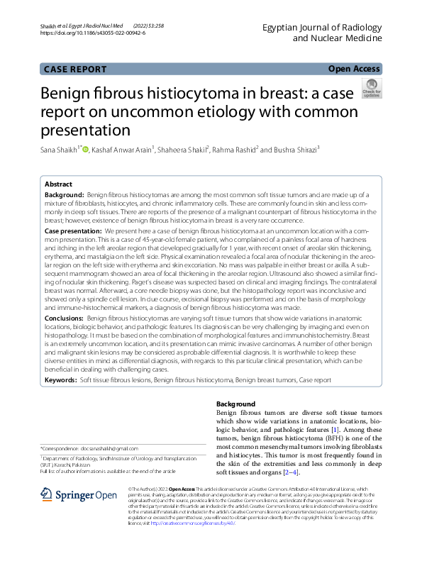 (PDF) Benign fibrous histiocytoma in breast: a case report on uncommon ...