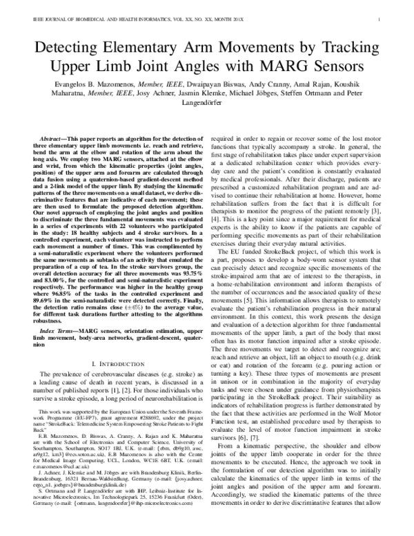 Pdf Detecting Elementary Arm Movements By Tracking Upper Limb Joint Angles With Marg Sensors