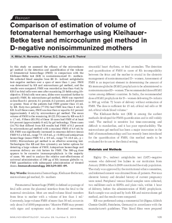 (PDF) Comparison of estimation of volume of fetomaternal hemorrhage ...