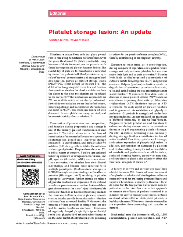(PDF) Platelet storage lesion: An update