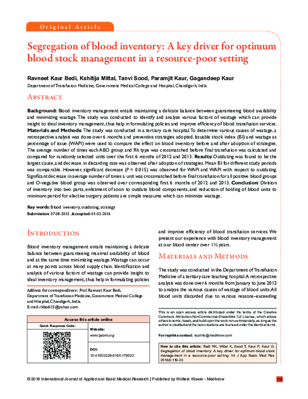 (PDF) Segregation of blood inventory: A key driver for optimum blood ...