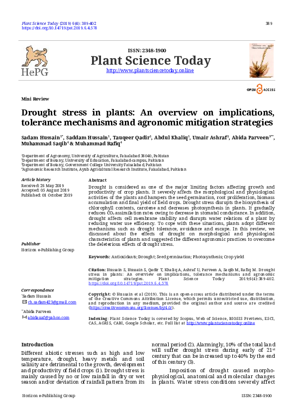 (PDF) Drought stress in plants: An overview on implications, tolerance mechanisms and agronomic ...