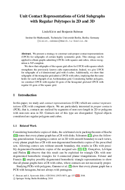 (PDF) Unit Contact Representations of Grid Subgraphs with Regular Polytopes in 2D and 3D