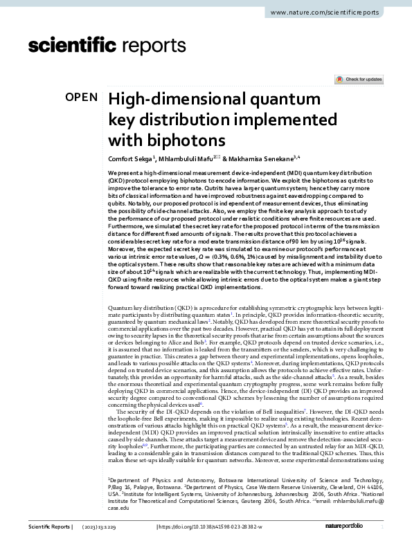 (PDF) High-dimensional quantum key distribution implemented with biphotons
