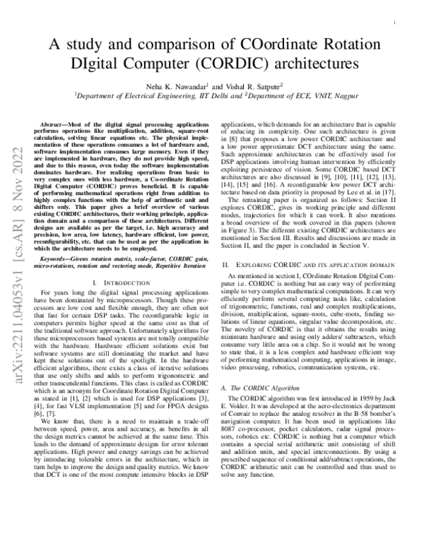 (PDF) A study and comparison of COordinate Rotation DIgital Computer (CORDIC) architectures