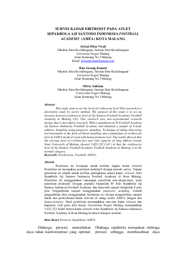 (PDF) Survei Kadar Eritrosit Pada Atlet Sepakbola Aji Santoso Indonesia Football Academy (Asifa ...
